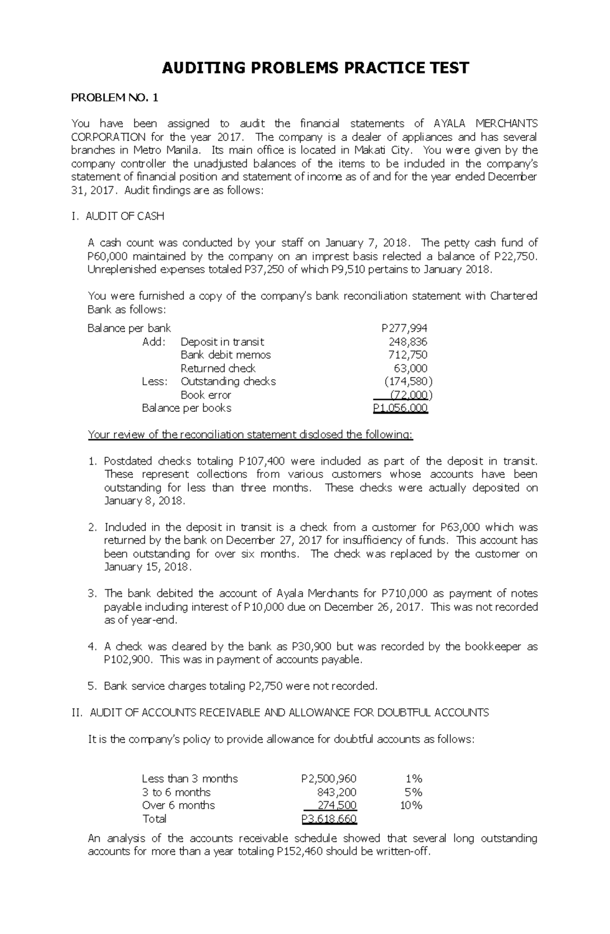 Audit of Asset Accounts - AUDITING PROBLEMS PRACTICE TEST PROBLEM NO. 1 ...