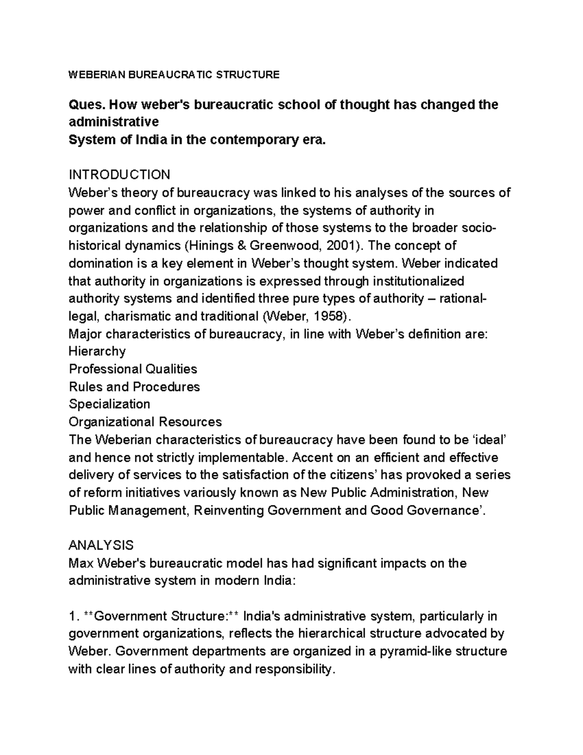 Weberian Bureaucratic Structure - WEBERIAN BUREAUCRATIC STRUCTURE Ques ...