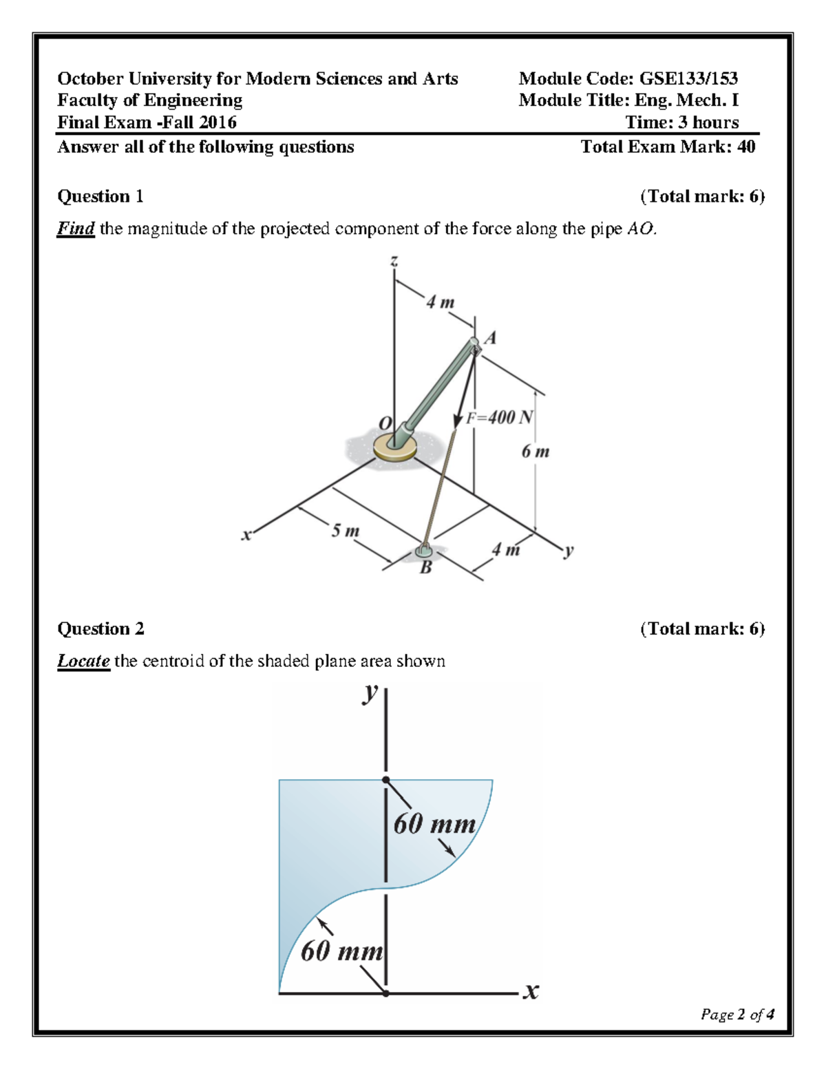 Mechanics - Final exam - fall 2016 - Page 2 of 4 October University for ...