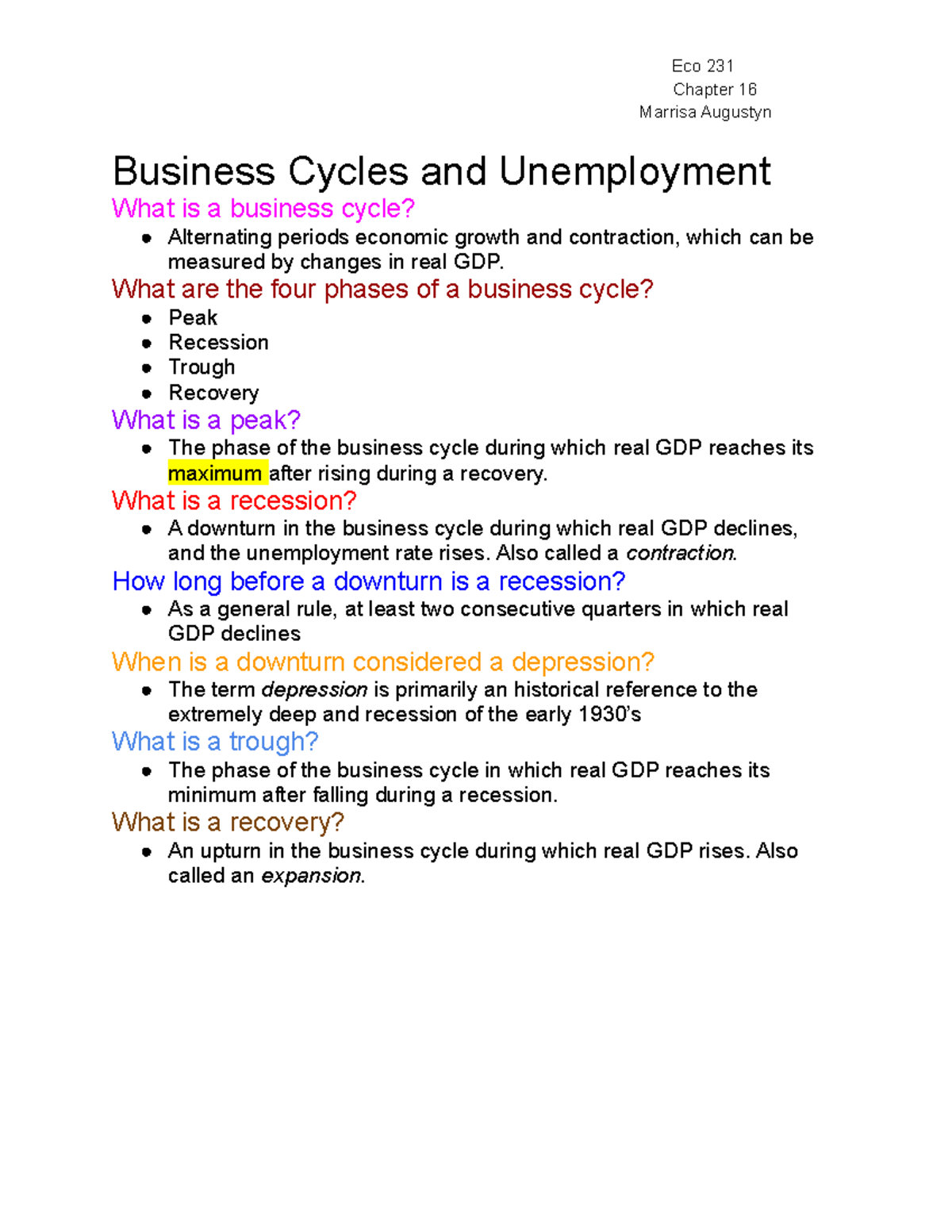 Business Cycles and Unemployment - Chapter 16 Marrisa Augustyn Business ...