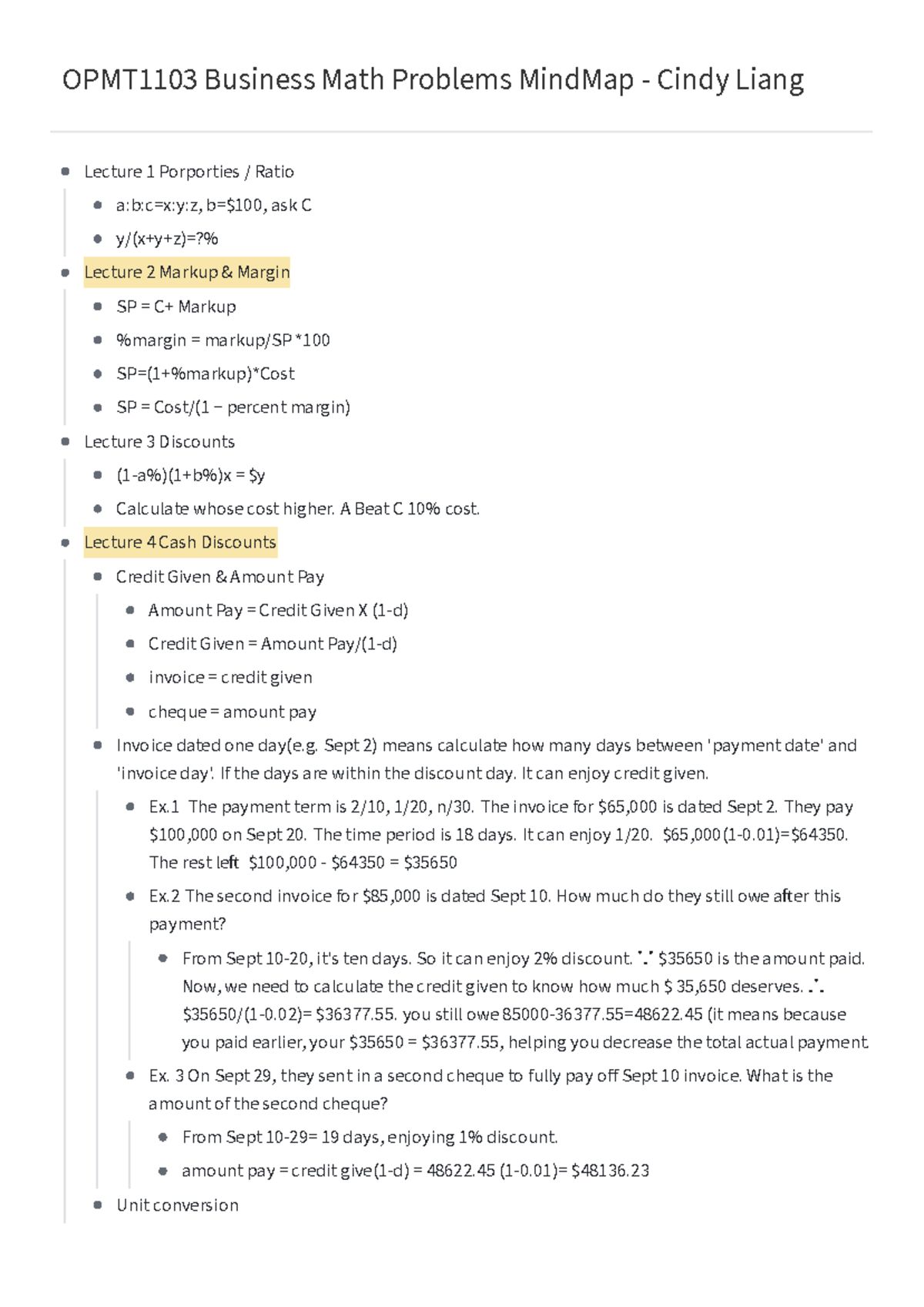 OPMT1103 Business Math Problems Mind Map - Cindy Liang - A Beat C 10% ...