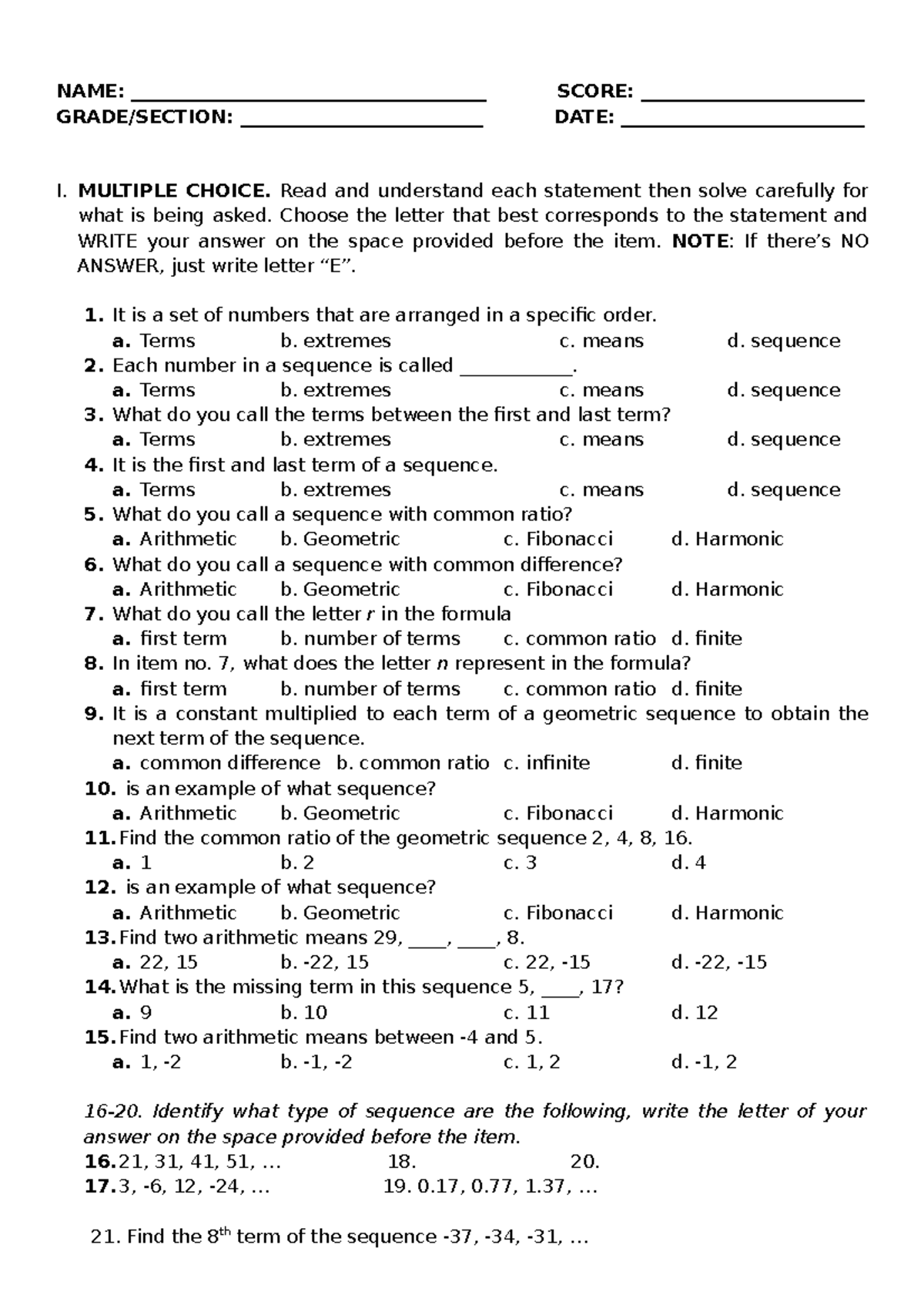 1st Quarter Exam Math10 - NAME: ______________________________________ SCORE: - Studocu
