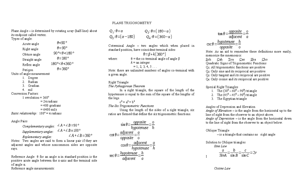 Trigo-FOR- Review 2024 - PLANE TRIGONOMETRY Plane Angle – is determined by rotating a ray - Studocu