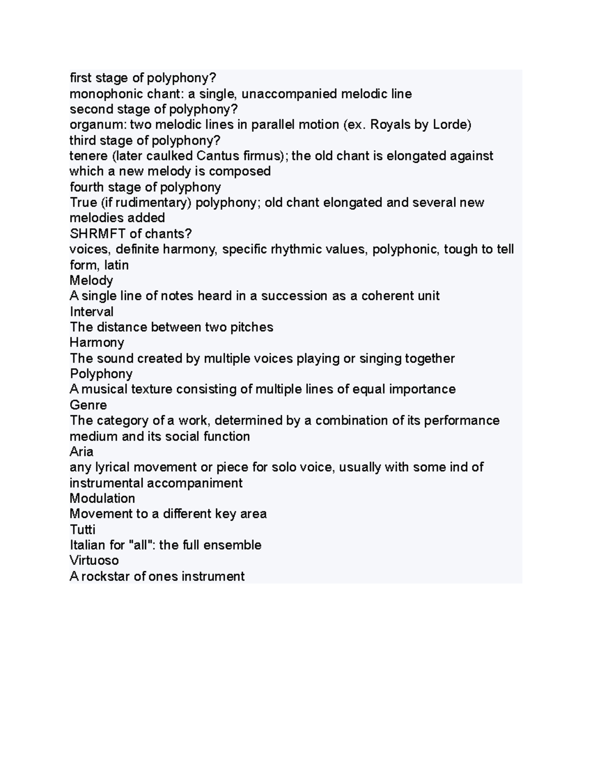 Music 7 - Lecture notes to study - first stage of polyphony? monophonic ...