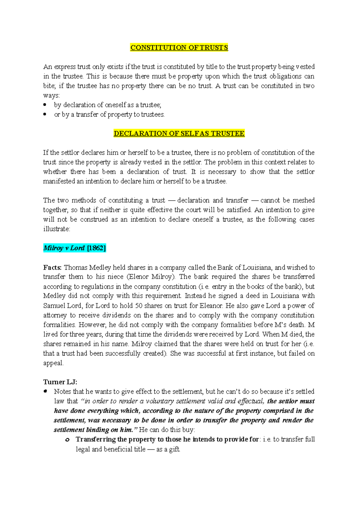 Constitution -long - NOTES - CONSTITUTION OF TRUSTS An express trust ...