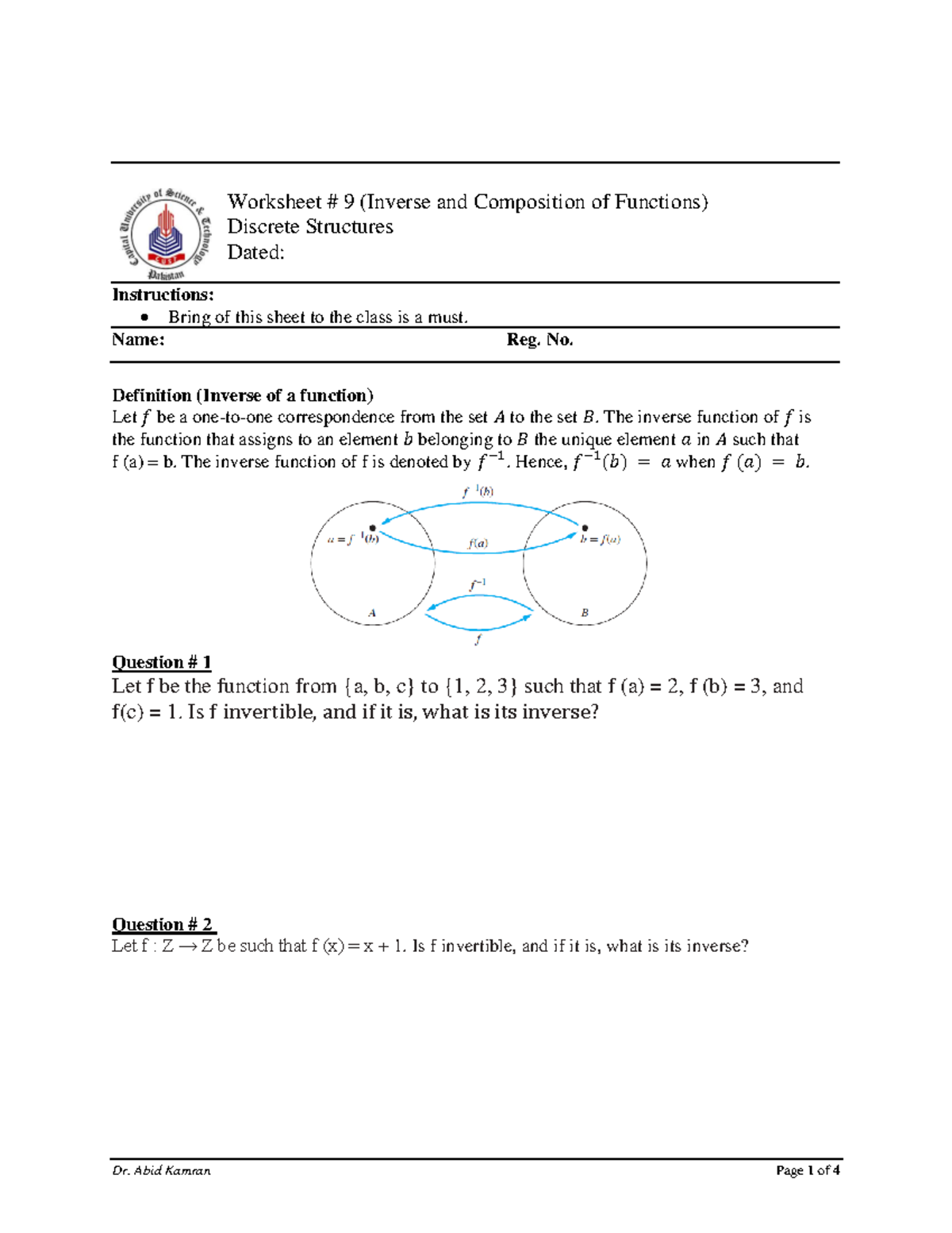 Class work sheet 9 - Worksheet # 9 (Inverse and Composition of ...