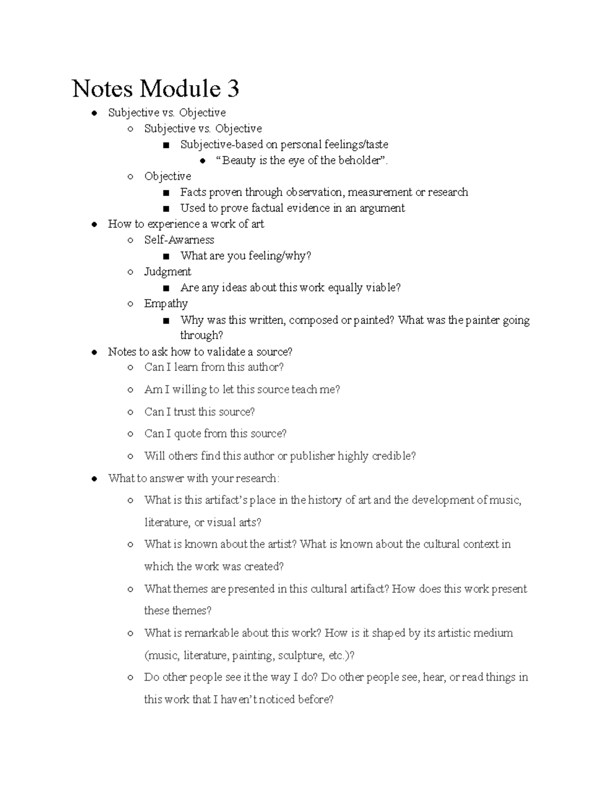 Humanities 200 Notes Module 3 - Notes Module 3 Subjective vs. Objective ...