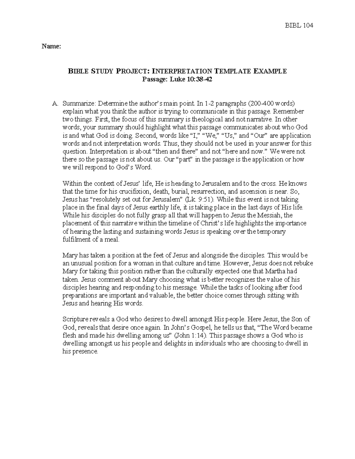 Bible Study Project Interpretation Template Example - BIBL 104 Name ...
