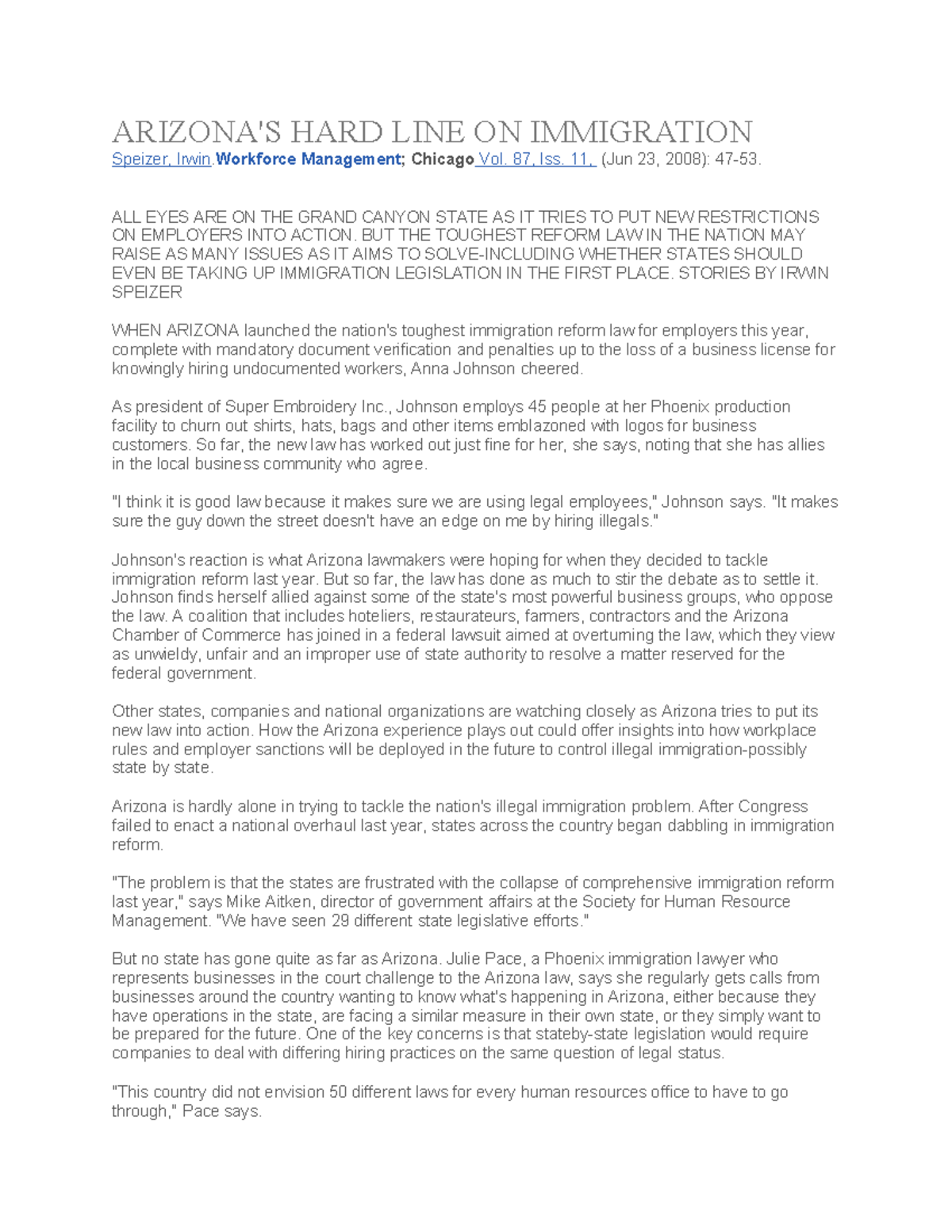 HWK2 Arizona Immigration 2008 - ARIZONA'S HARD LINE ON IMMIGRATION ...