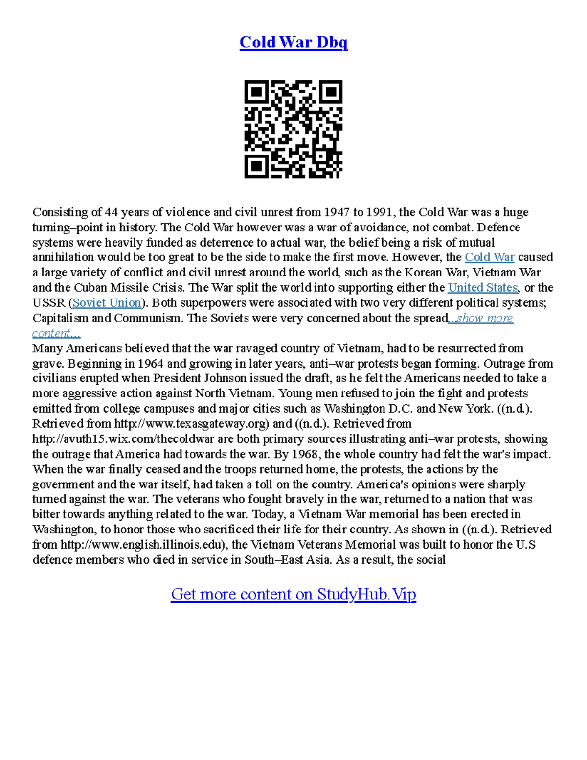 Cold War Dbq Essay - Cold War Dbq Consisting of 44 years of violence ...