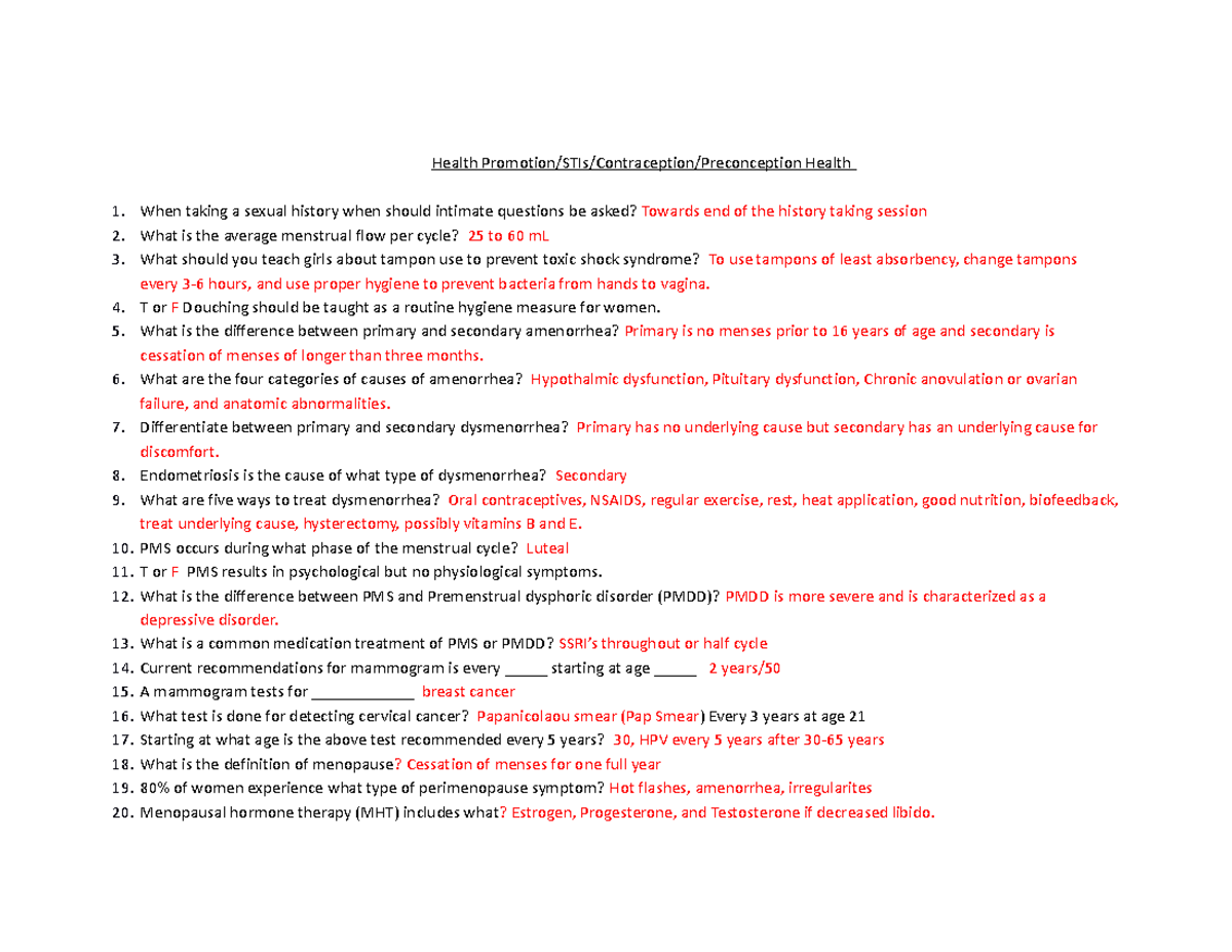 Health Quiz: Sexual History Menstrual Cycle Contraception - Studocu