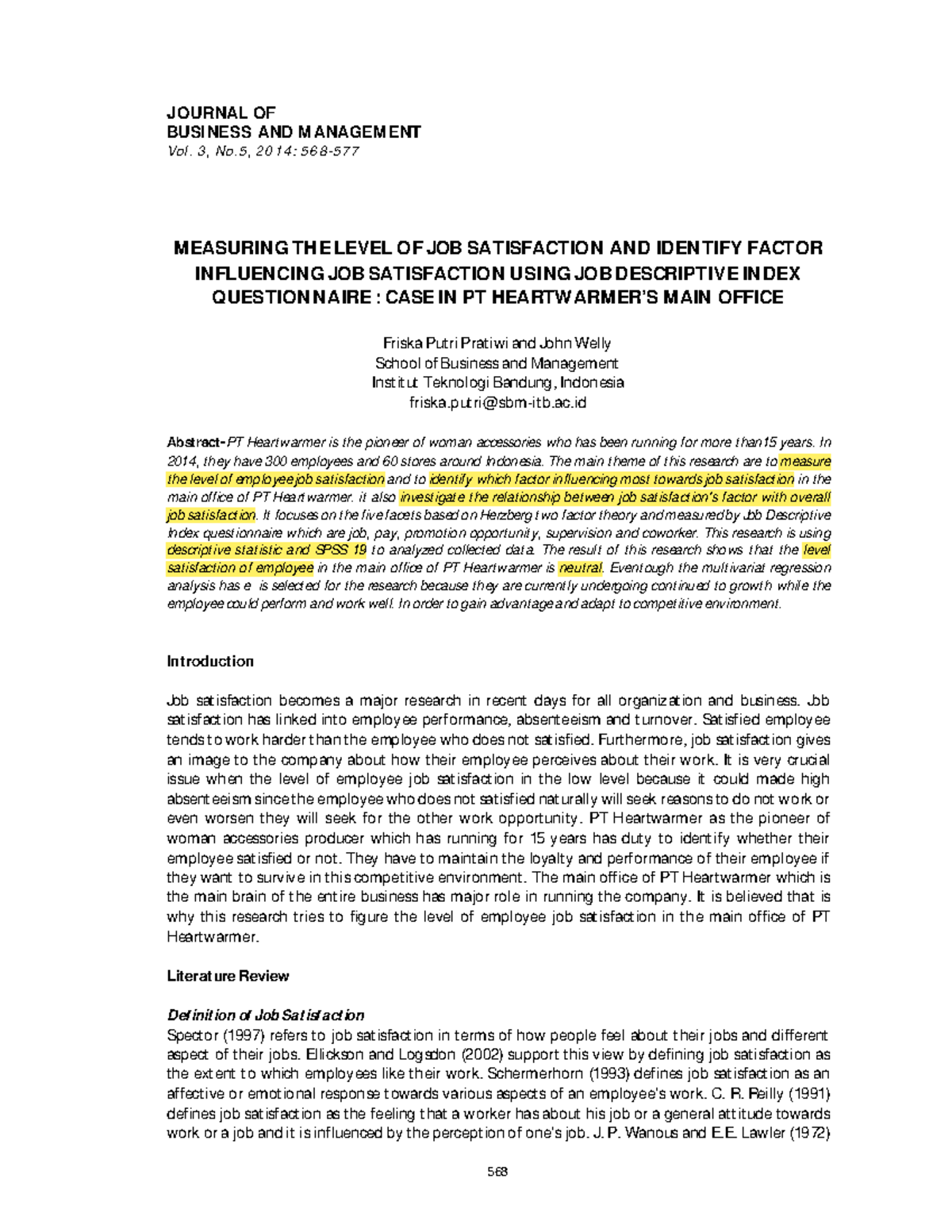 Measuring THE Level OF JOB Satisfaction AND Identify Factor Using JDI ...