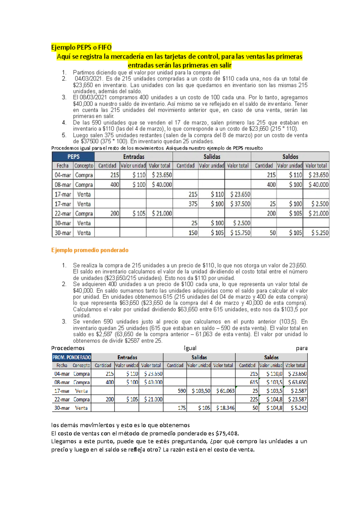 Ejemplo PEPS o FIFO - Ejemplo PEPS o FIFO Aquí se registra la ...