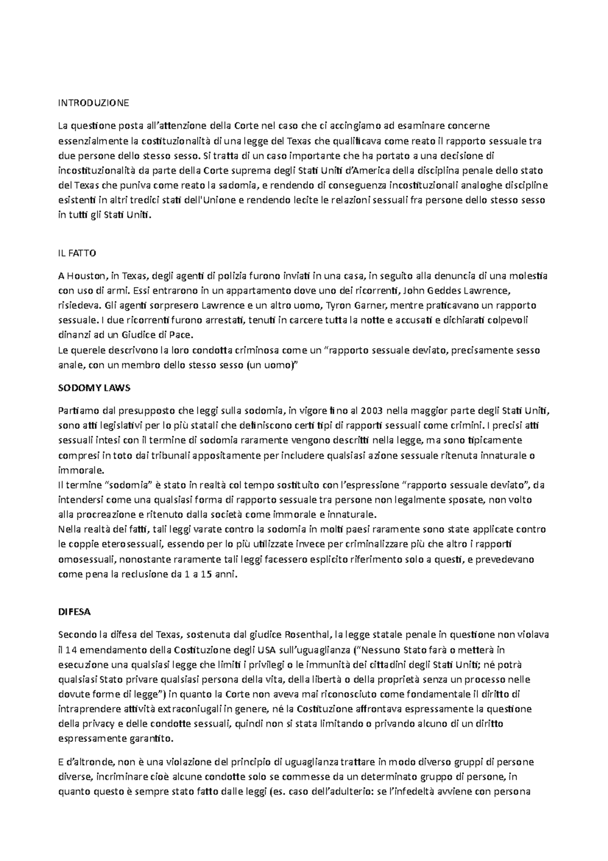 Lawrence vs Texas - RIASSUNTO - INTRODUZIONE La questione posta all ...