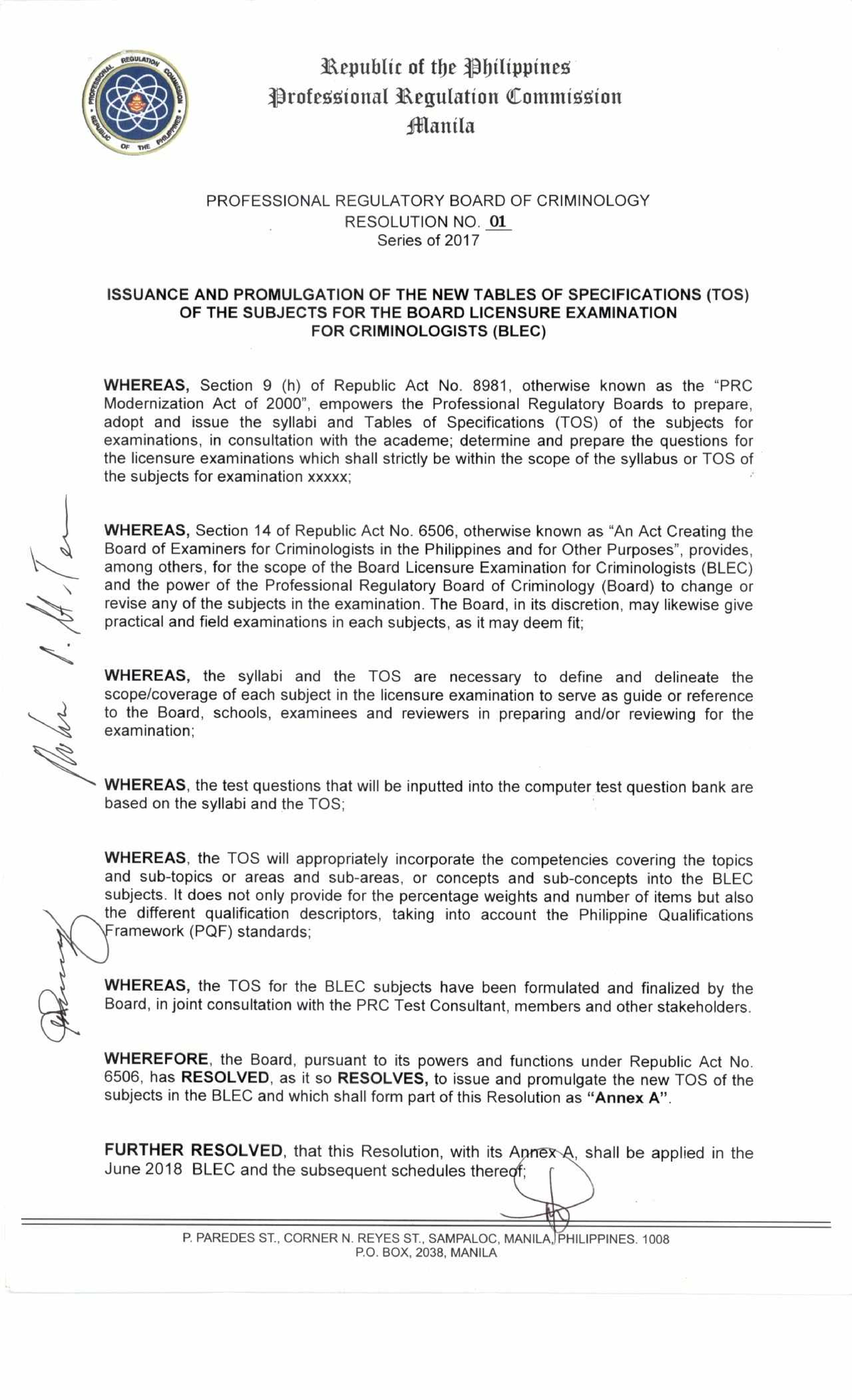 Blec-res2017-01-promulgation-of-new-tos-for-crim compress - Republic of ...