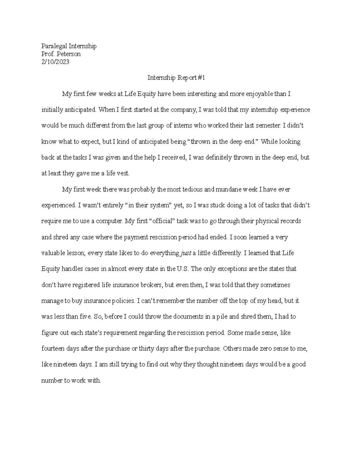 Internship report 1 - A Example - Paralegal Internship Prof. Peterson 2 ...
