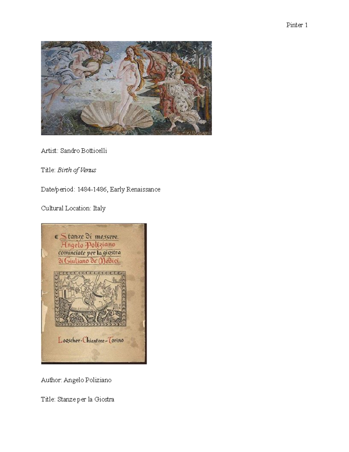 FAS 201 Introduction to Humanities I - Artist: Sandro Botticelli Title: Birth of Venus Date ...