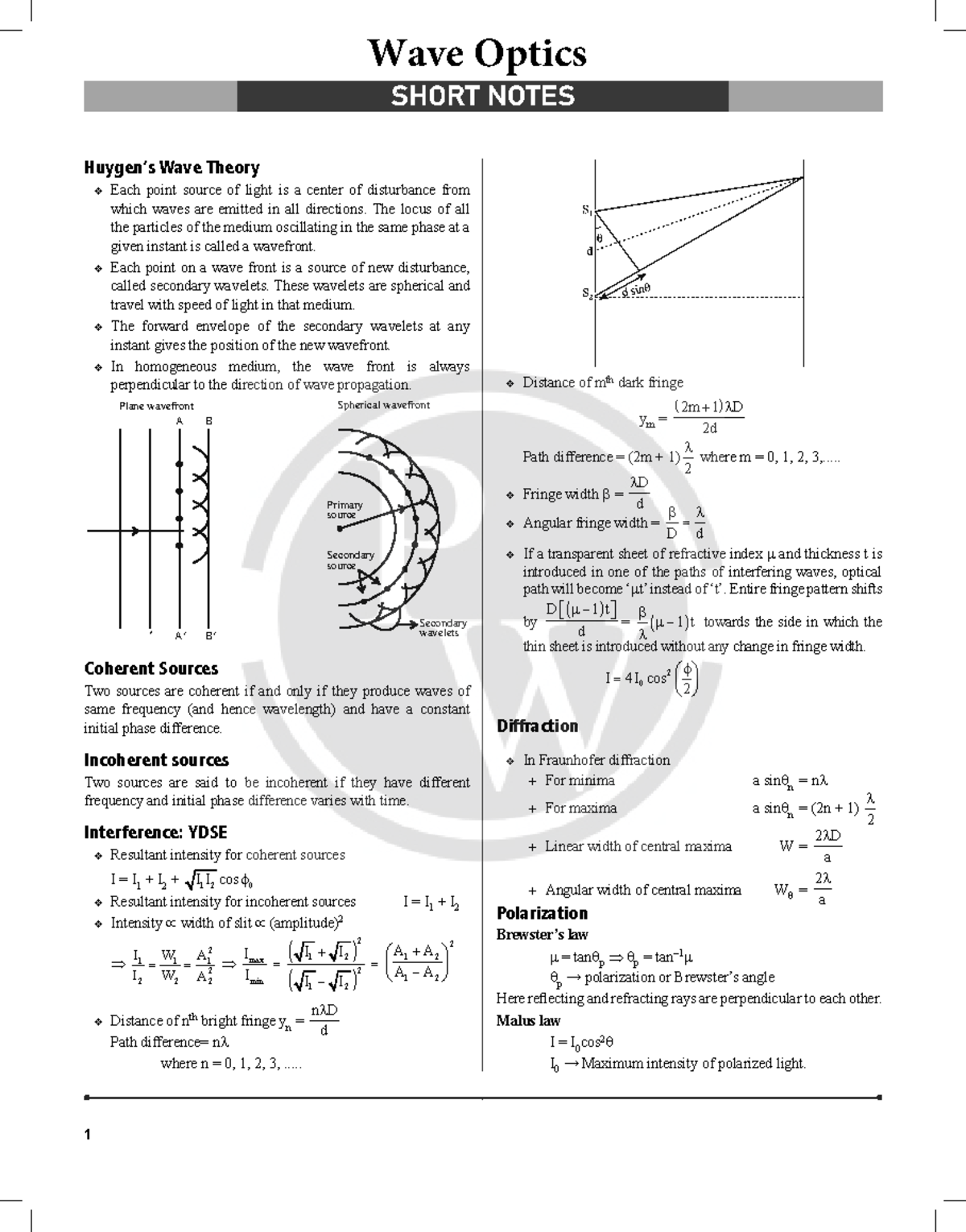 10 Wave Optics - BEST NOTES - 1 Huygen’s Wave Theory Each point source ...