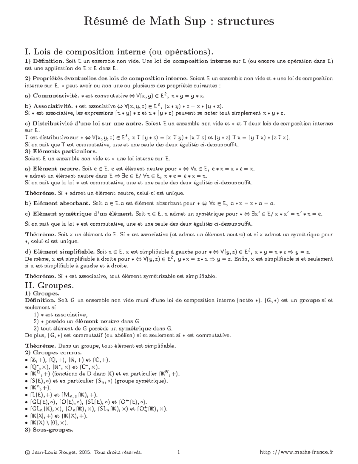 Structures operations groupes anneaux et corps - Résumé de Math Sup ...