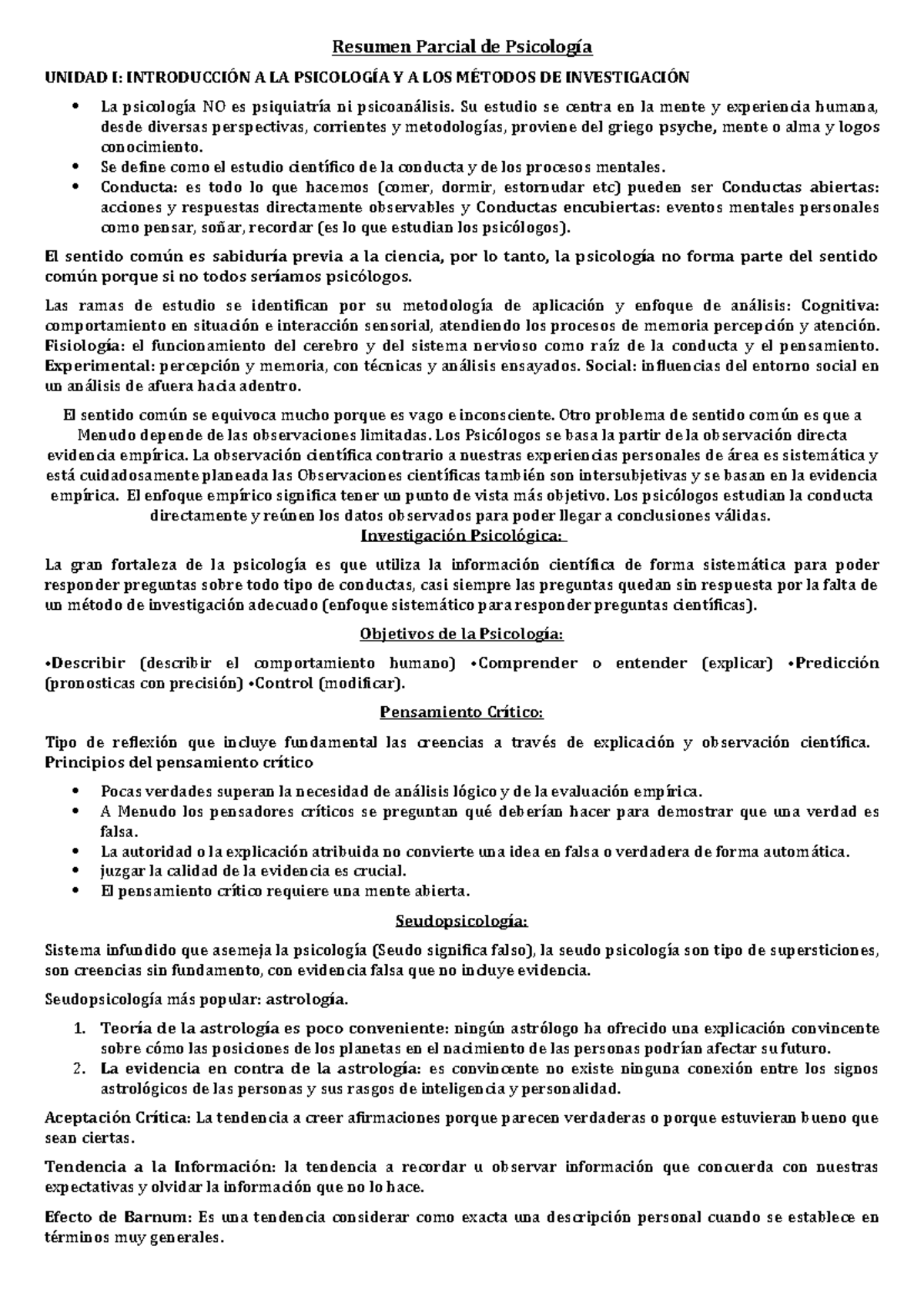 Resumen Parcial de Psicología - Resumen Parcial de Psicología UNIDAD I: INTRODUCCIÓN A LA - Studocu