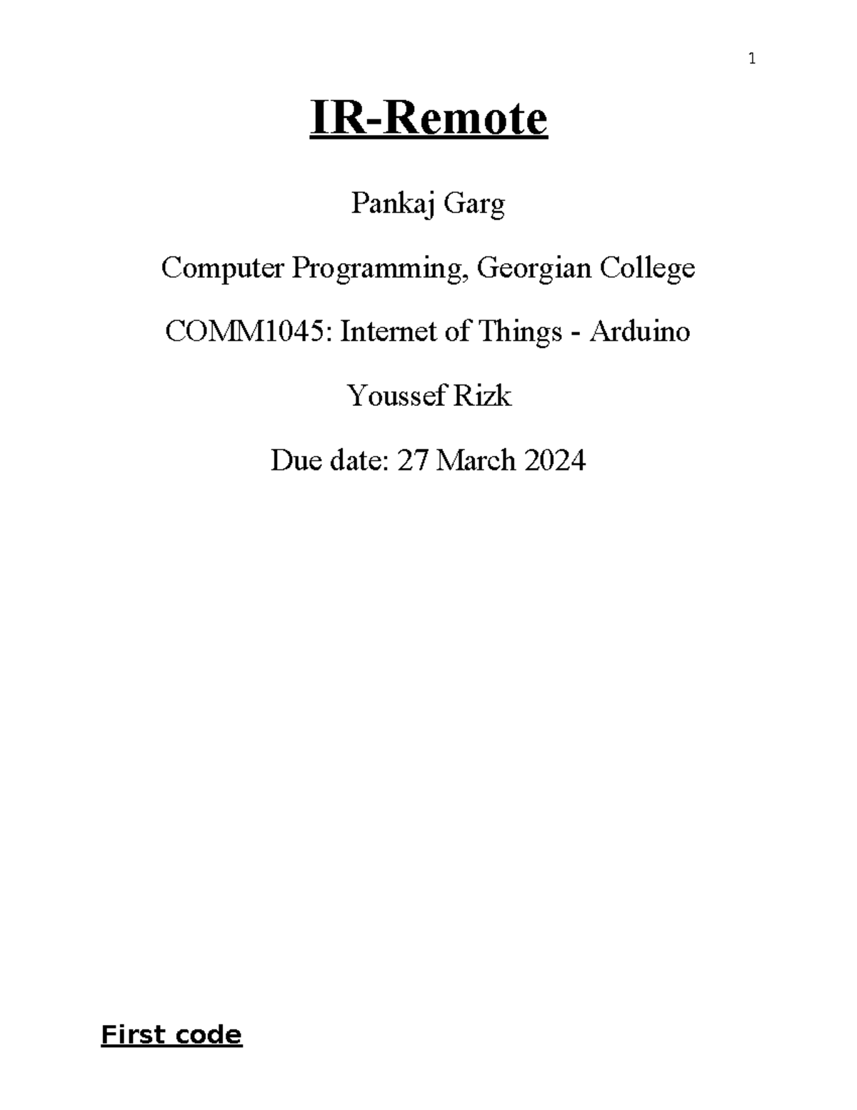 IR-Remote - COMM1045 Assignment on Arduino - COMP 1045 - IR-Remote Pankaj Garg Computer - Studocu