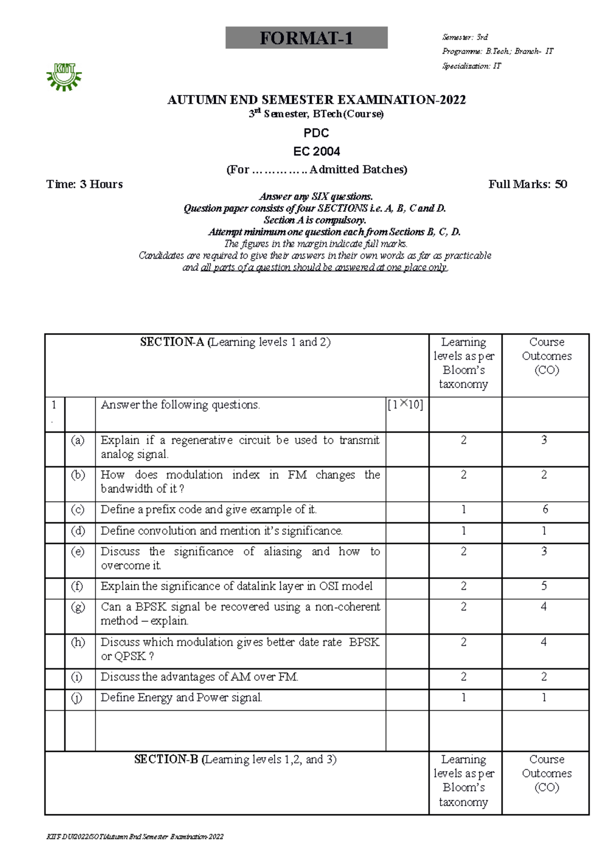 Q EC2004 2022 Autumn 00101683 01 - AUTUMN END SEMESTER EXAMINATION- 3 rd Semester, BTech(Course ...