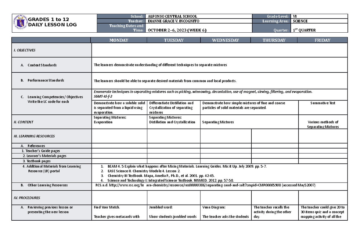 DLL Science 6 Q1 W6 - daily lesson log - GRADES 1 to 12 DAILY LESSON ...