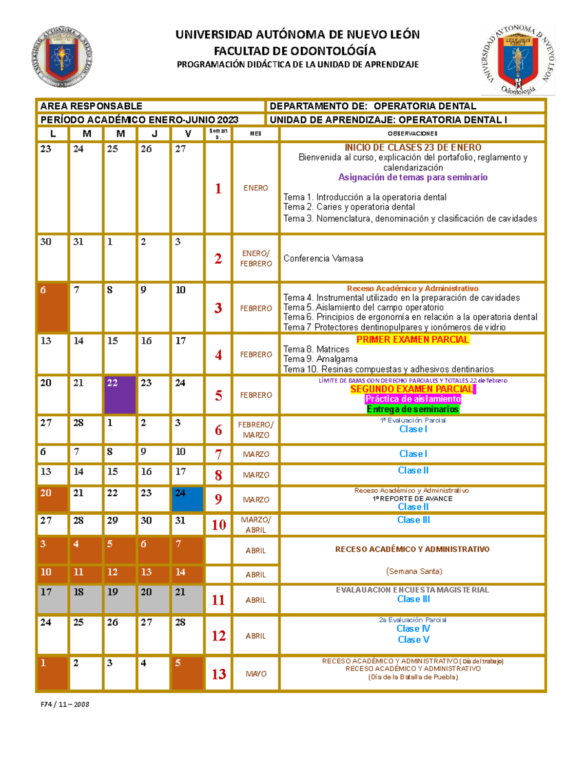 F74 Progr Didactica Enero Junio 2023 - AREA RESPONSABLE DEPARTAMENTO DE ...