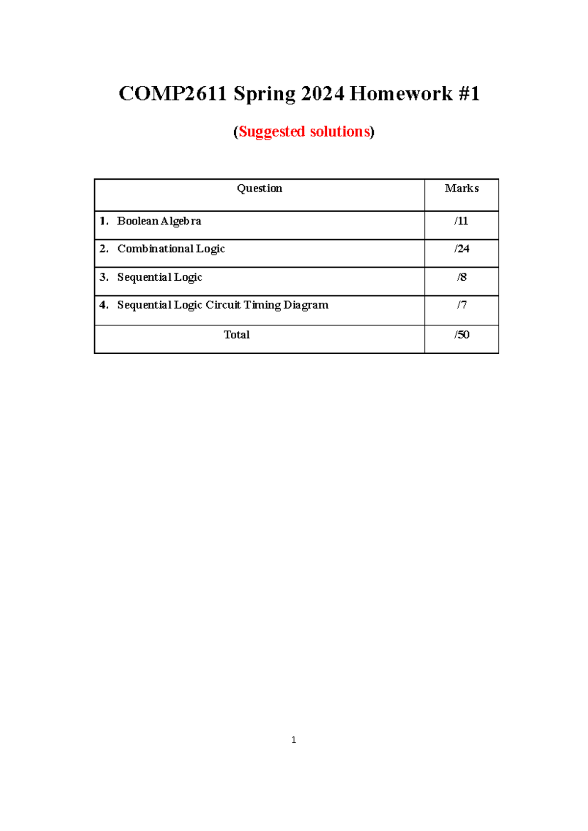 COMP2611 HW1 Spring 24 Sol - COMP2611 Spring 2024 Homework (Suggested solutions) Question Marks ...