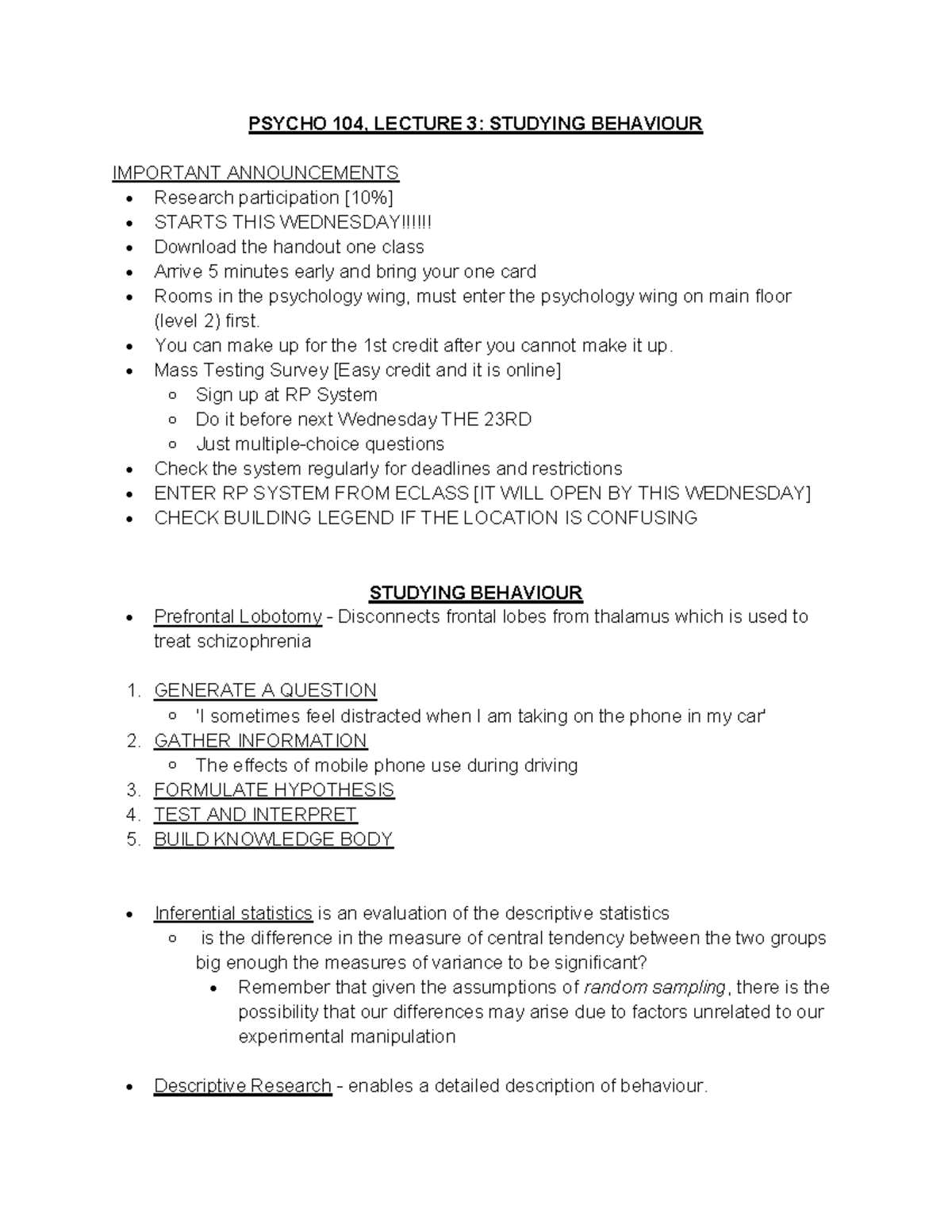 Lecture 3 Notes - PSYCHO 104, LECTURE 3: STUDYING BEHAVIOUR IMPORTANT ...