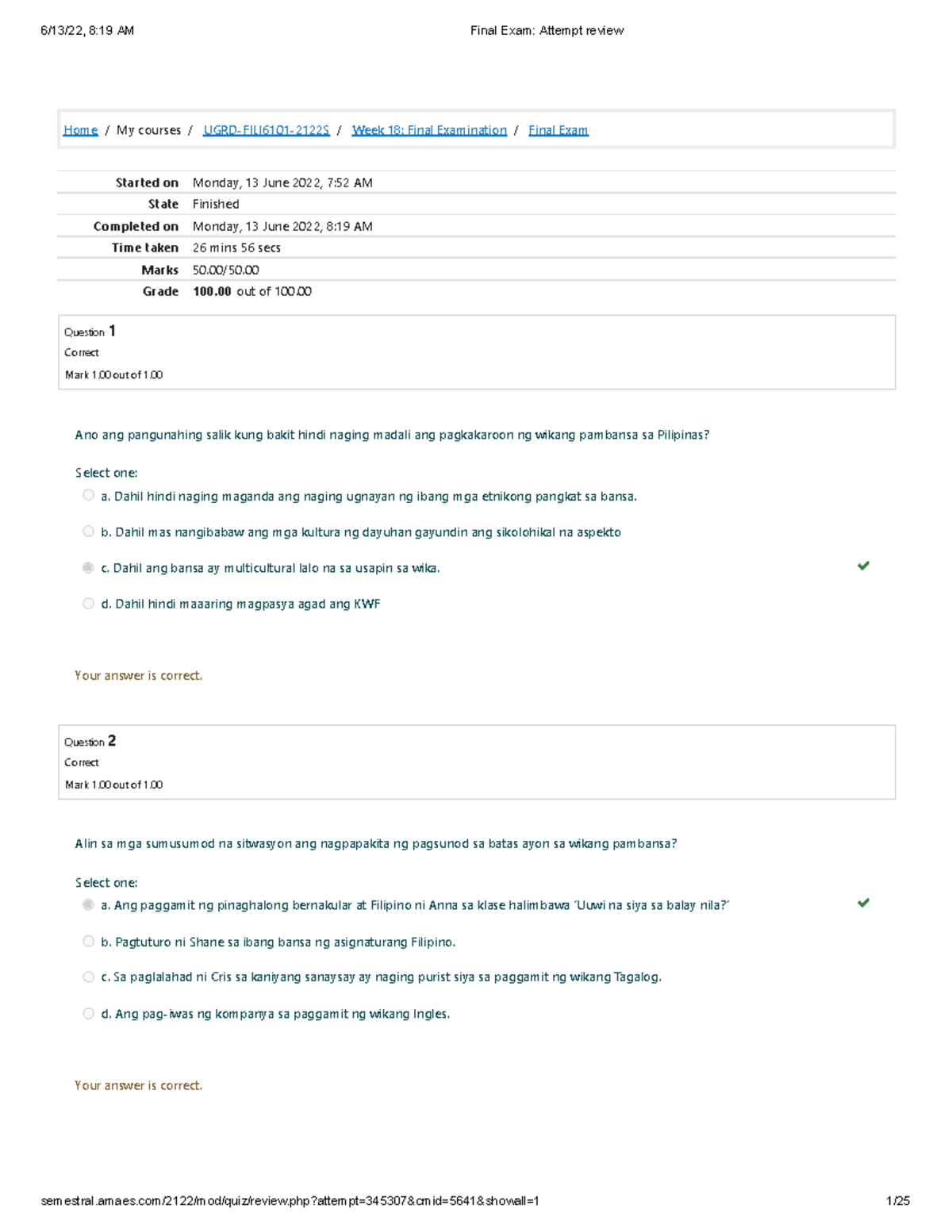 Final Exam Attempt review Wika,Lipunan at Kultura - Home / My courses ...
