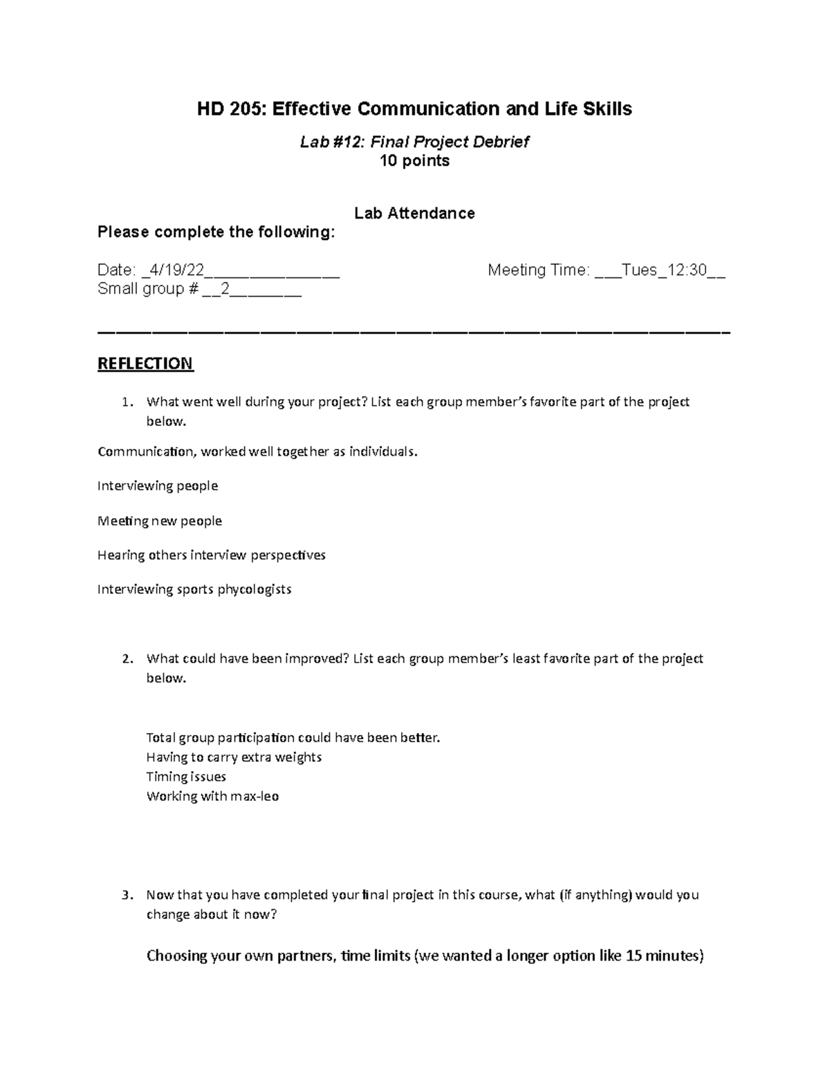 Lab12 - Final Project Debrief - S22 - HD 205: Effective Communication ...