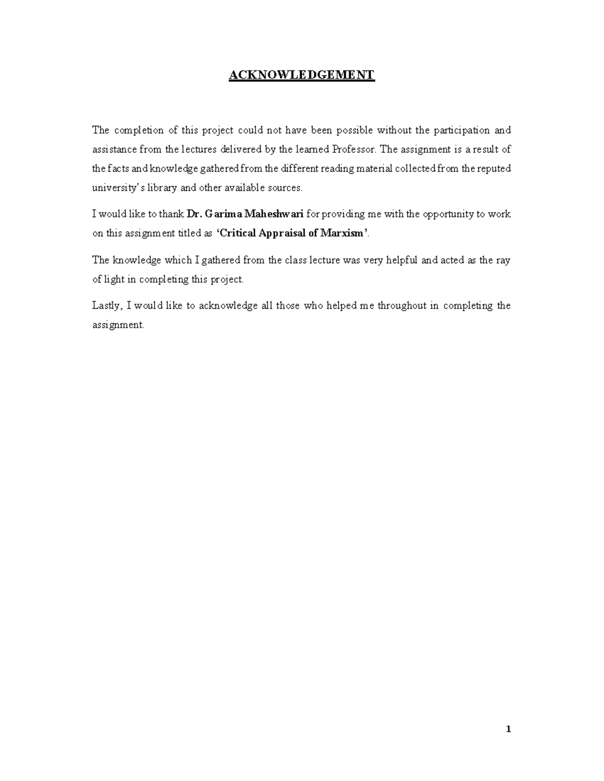 Political Science psda - ACKNOWLEDGEMENT The completion of this project could not have been ...