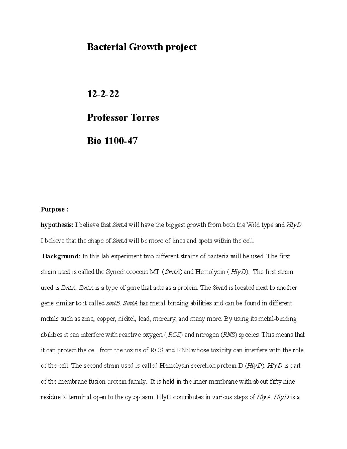 Bacterial growth project - Bacterial Growth project 12-2- Professor ...