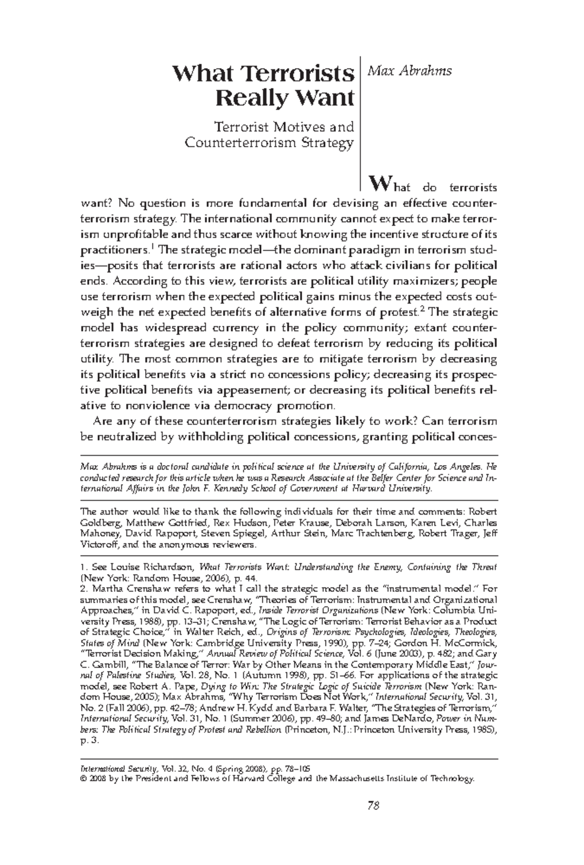 Abrahm Terrorism - What do terrorists want? No question is more ...