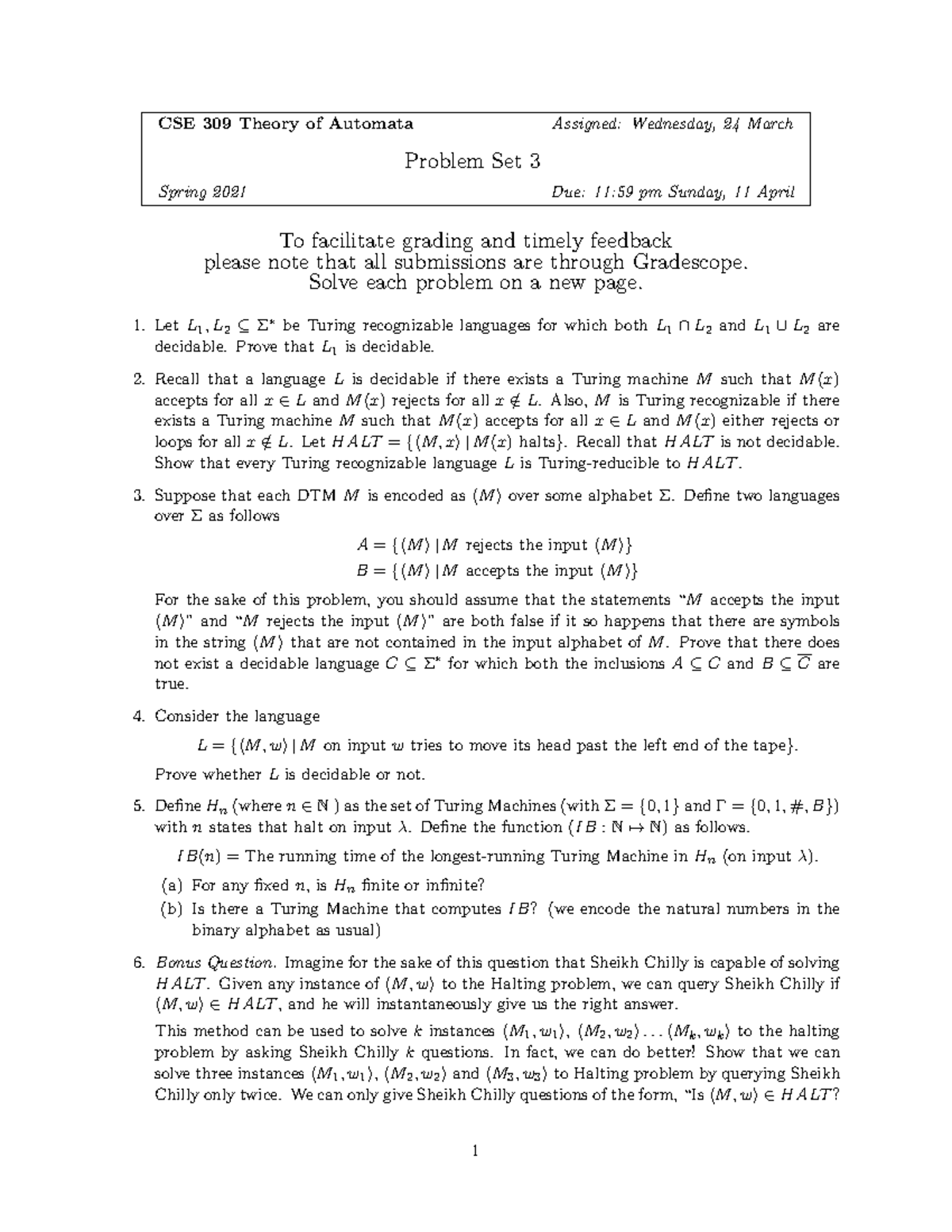 Ps3 automata s21 - CSE 309 Theory of Automata Assigned: Wednesday, 24 March Problem Set 3 Spring ...