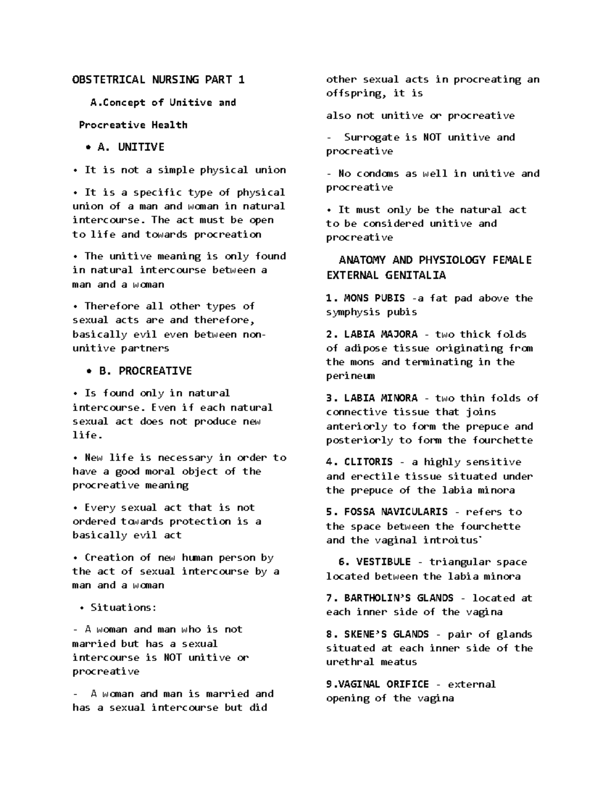 Notes Obstetrical Nursing PART 1 - OBSTETRICAL NURSING PART 1 A of ...