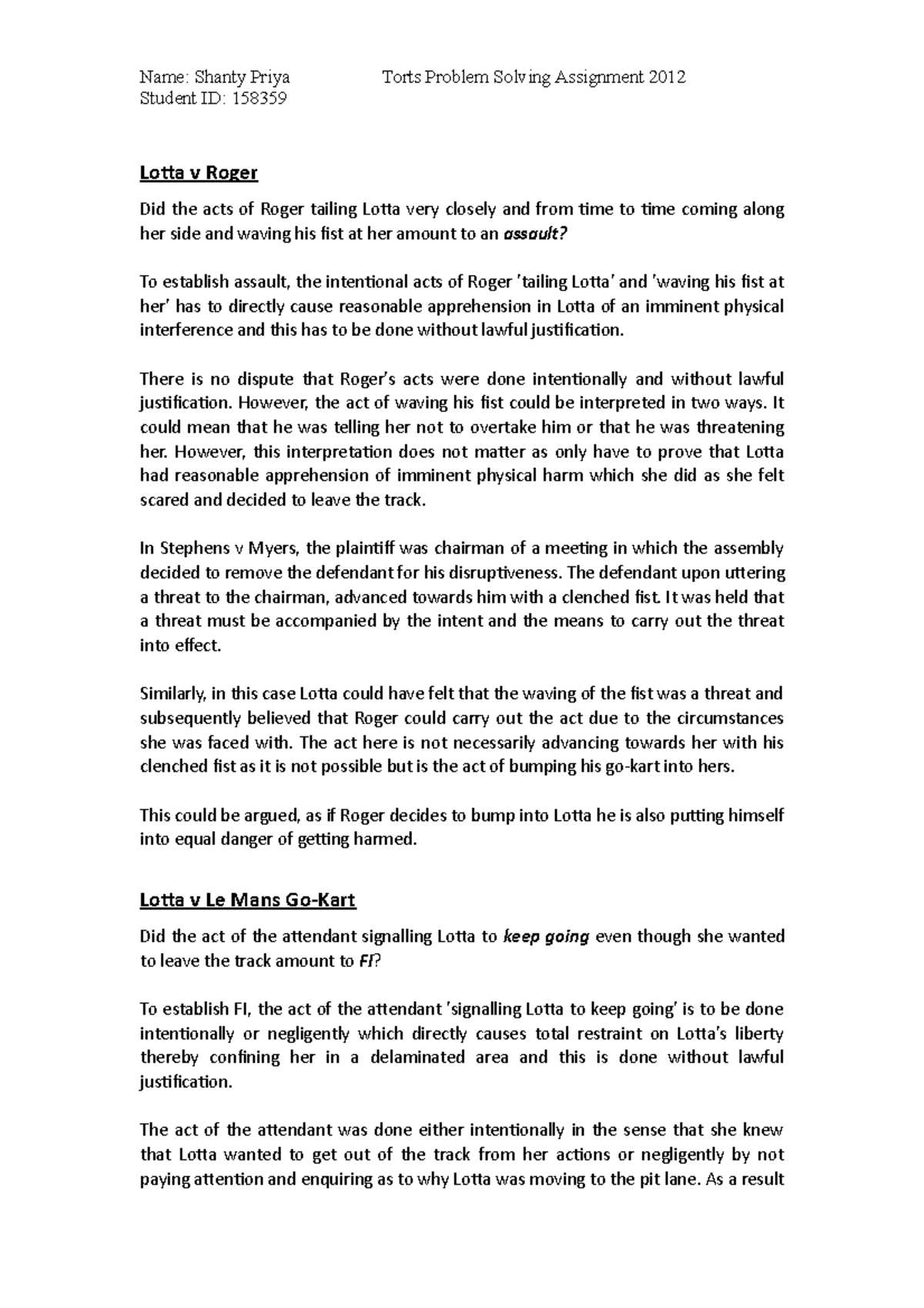 Practical - Torts Problem Solving Assignment - Name: Shanty Priya Torts ...