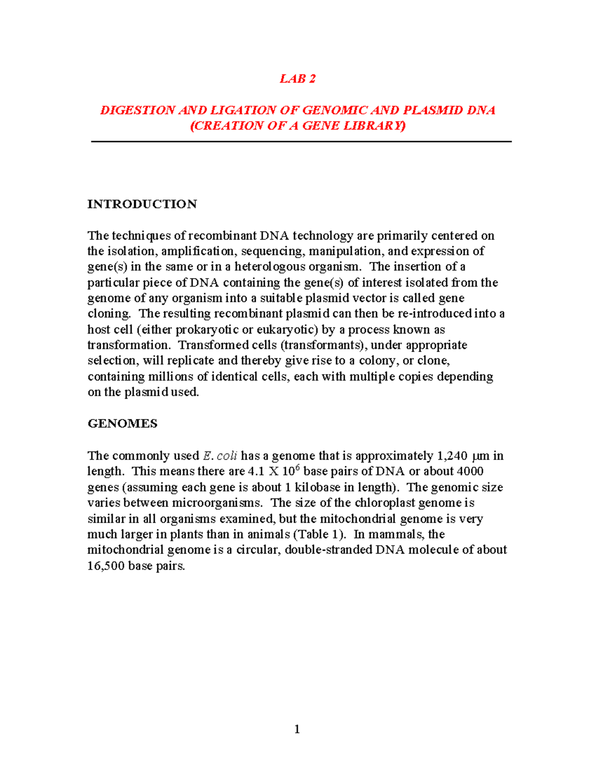 Lab 2 - 2024 - lab 3 - LAB 2 DIGESTION AND LIGATION OF GENOMIC AND ...