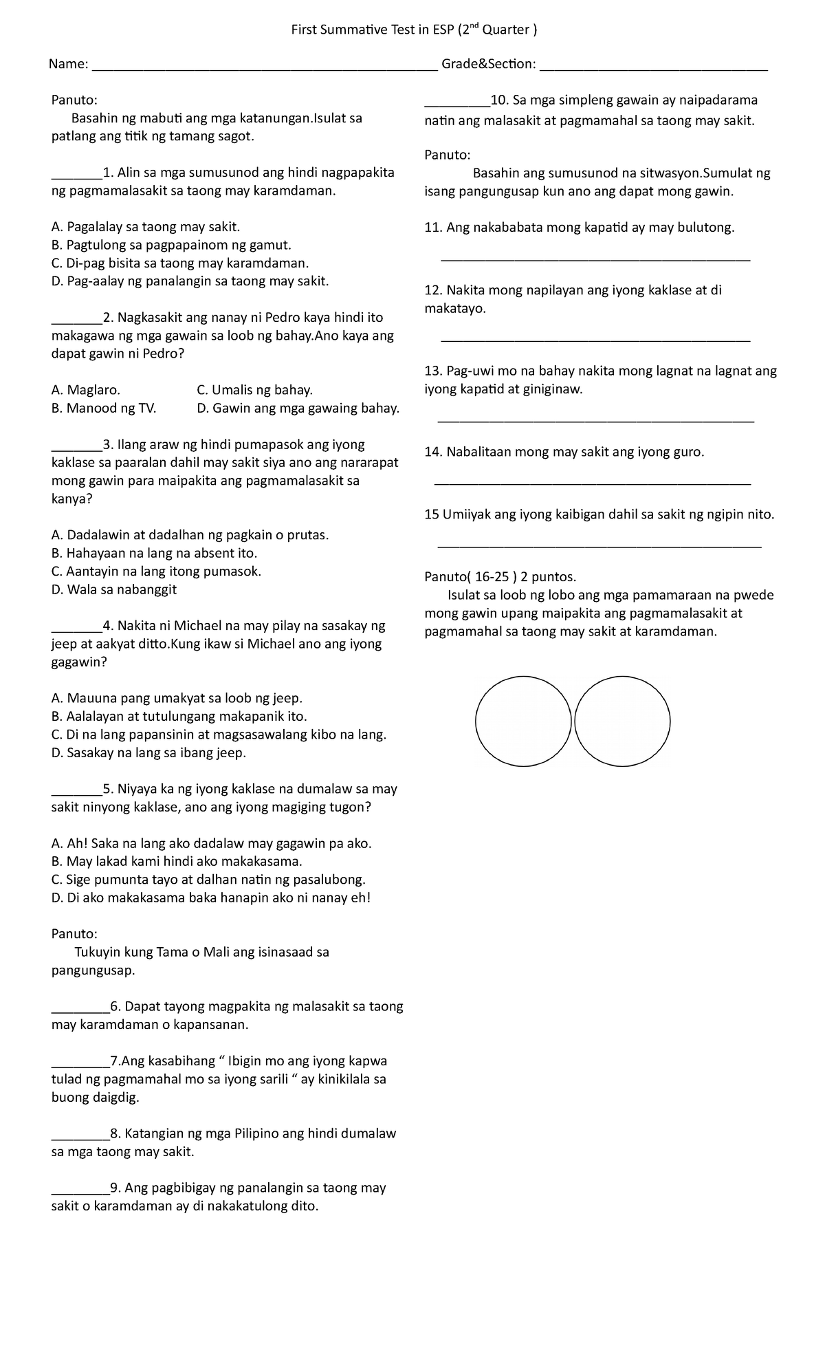 2nd Qurter Summative Test 1 First Summative Test In ESP 2nd Quarter