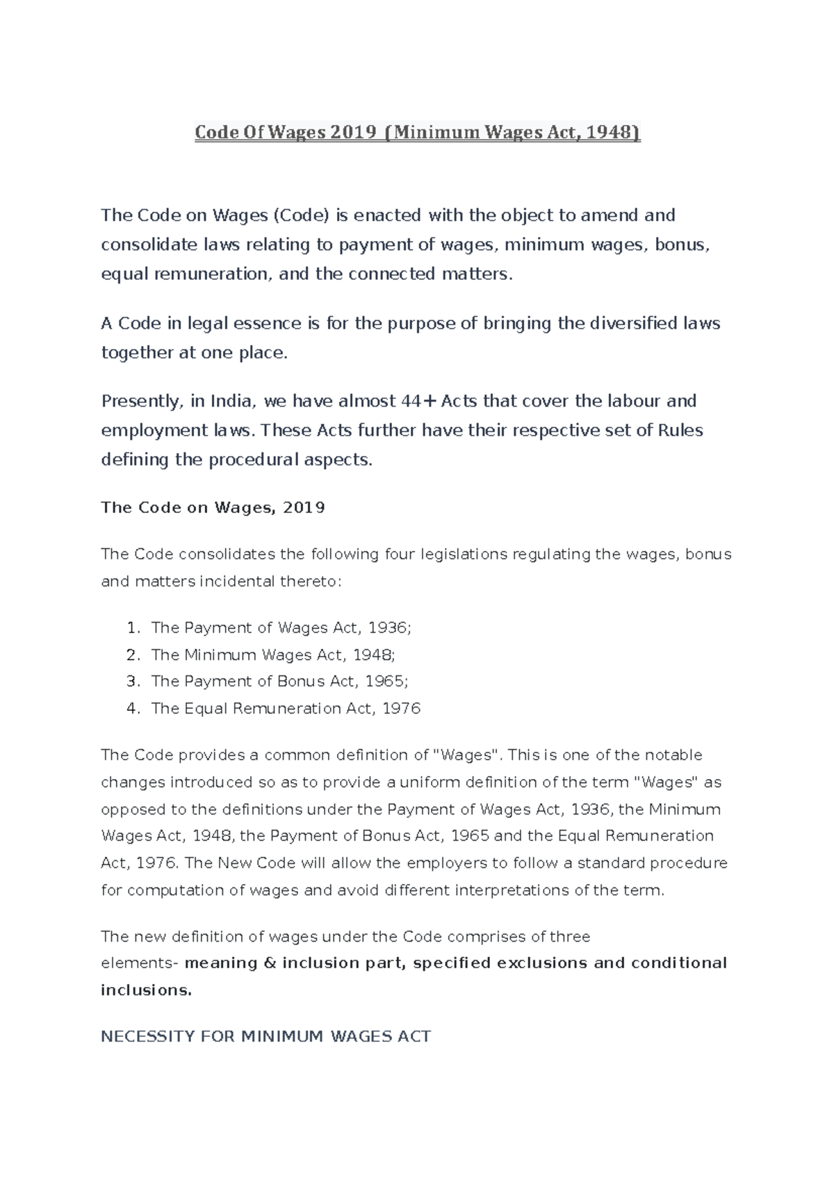 Labour - Code Of Wages 2019 (Minimum Wages Act, 1948) The Code on Wages ...