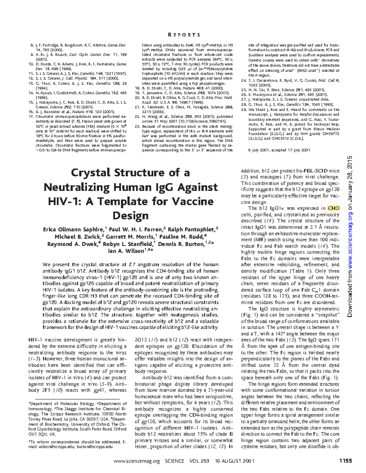Crystal Structure of a Neutralizing Human Ig G Against HIV-1, A ...