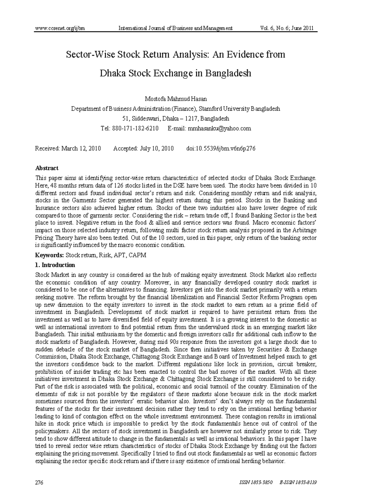 Sector Wise Stock Return Analysis An Evi - 276 ISSN 1833-3850 E-ISSN ...