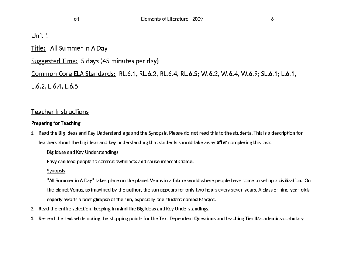 6. All Summer in a Day. lesson - Anthology - Unit 1 Title: All Summer ...