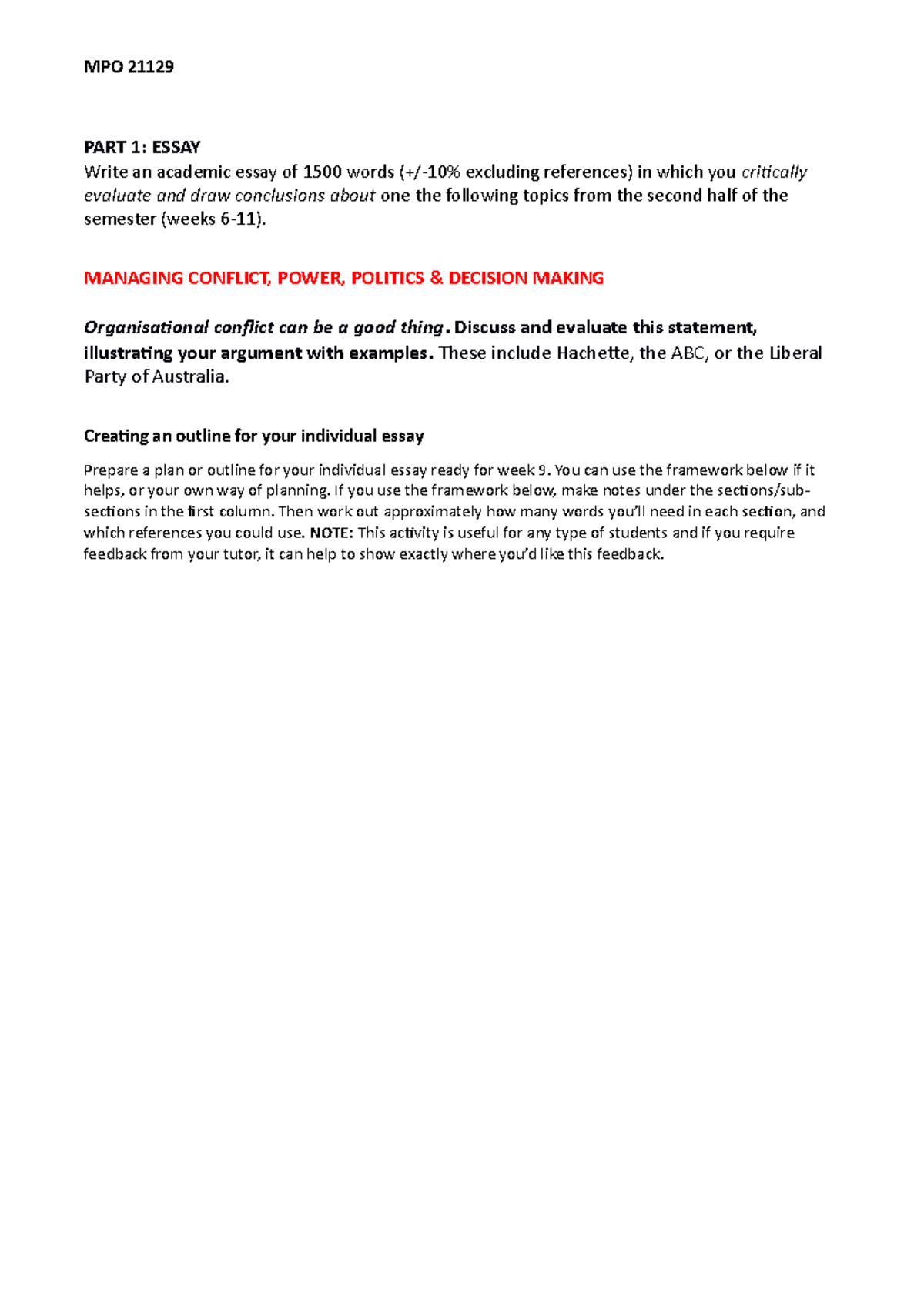 MPO Essay outline in managing people and organisation - PART 1: ESSAY ...