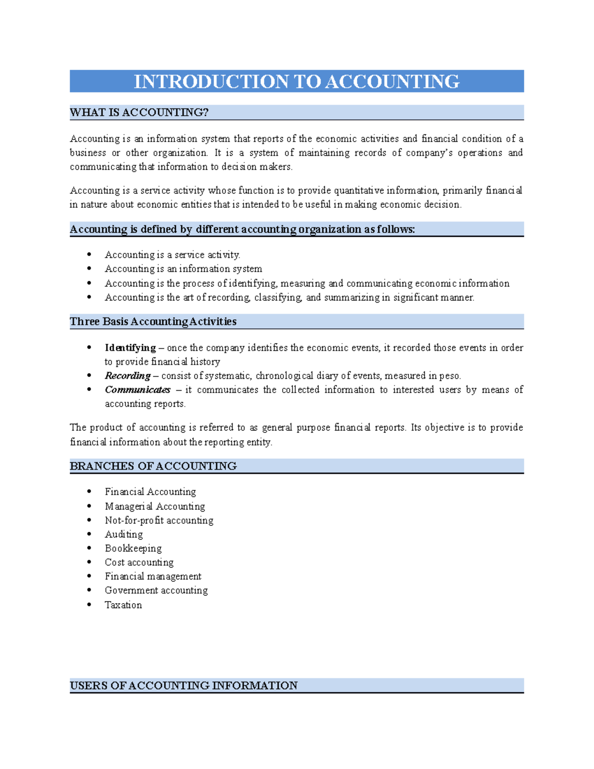 Introduction TO Accounting - INTRODUCTION TO ACCOUNTING WHAT IS ...