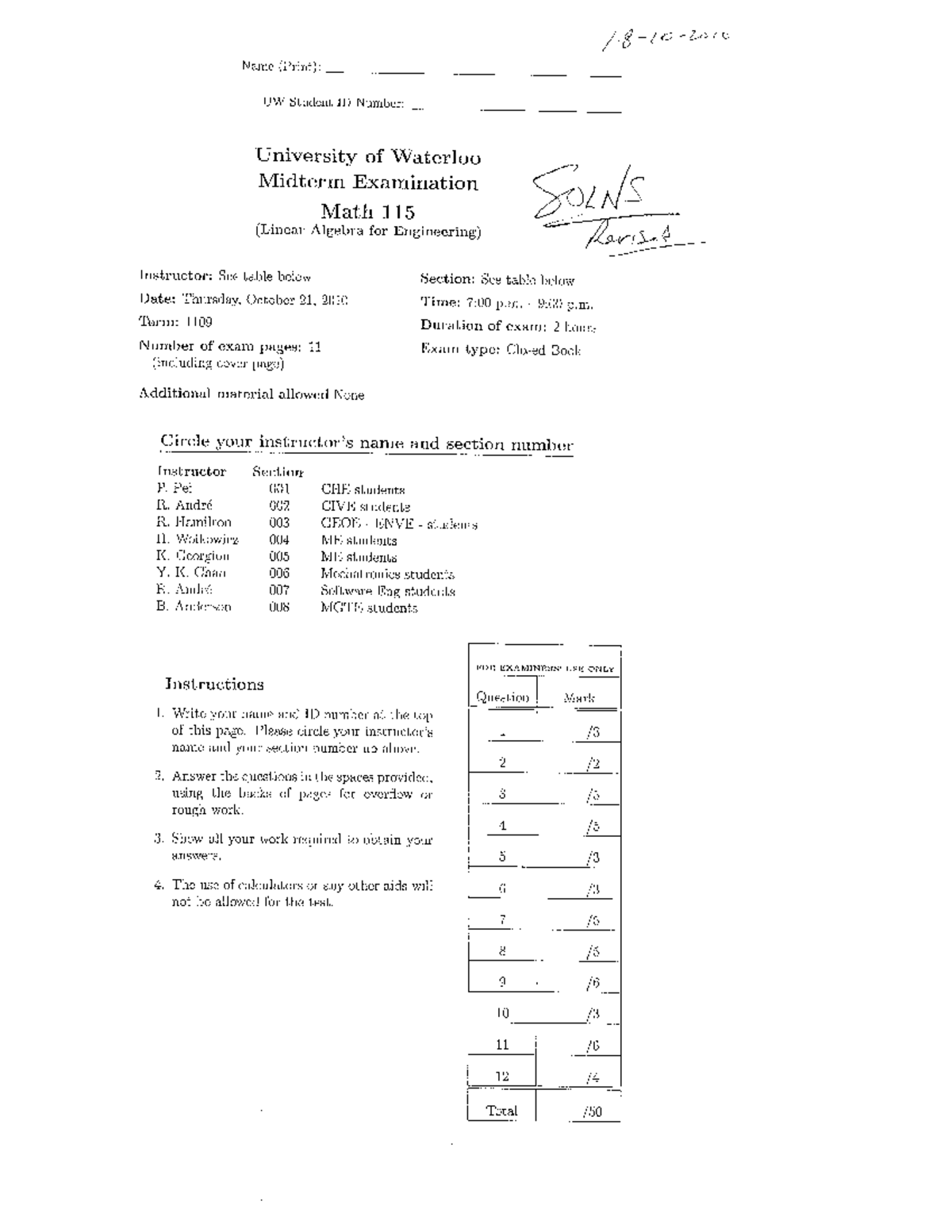 Midterm Exam 2010, questions and answers - MATH 115 - Studocu