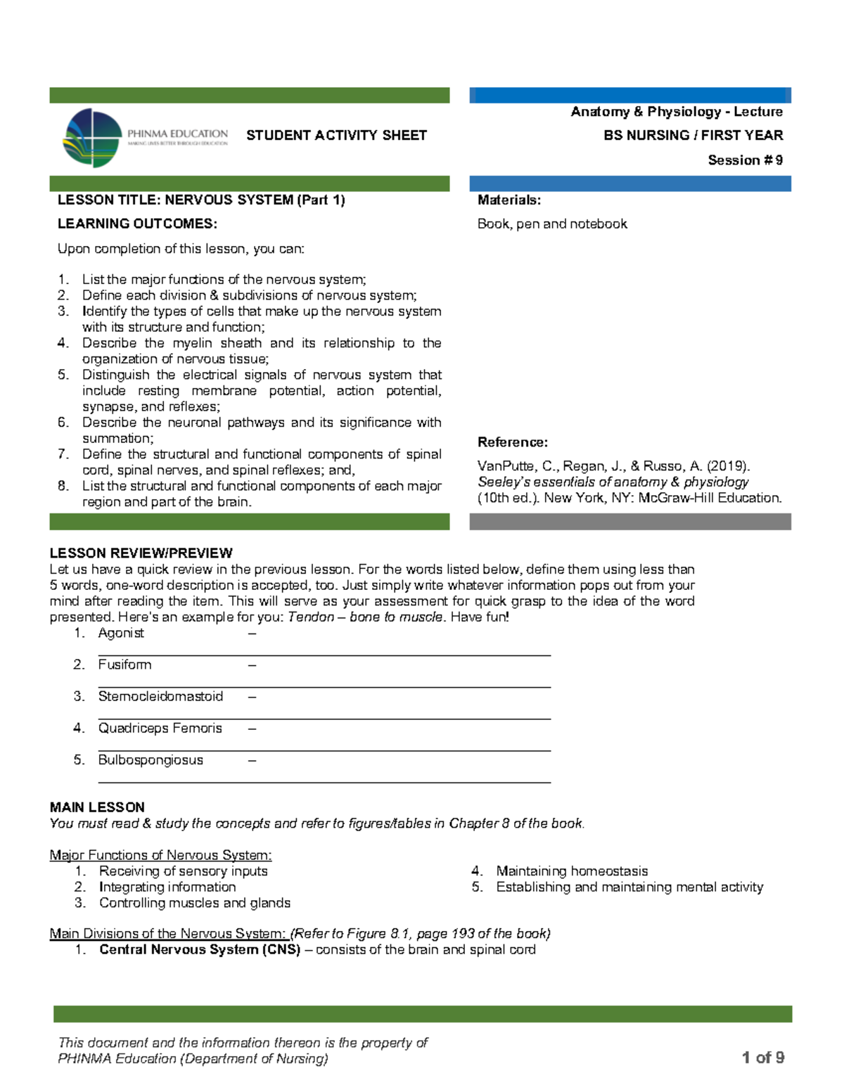 Lecture #9 anaphy - anatomy and physiology - This document and the ...