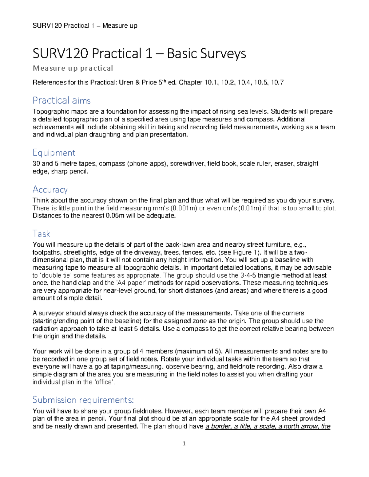 SURV120 01 P03Calcs - Practical form that we had to complete - SURV120 Practical 1 – Basic ...