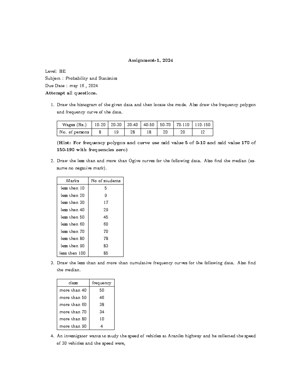 Assignment 1 -2024 - old question solve - Assignment-1, 2024 Level: BE Subject : Probability and ...